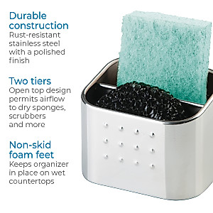 iDesign Forma Polished Stainless Steel Sink Organizer Set with Sponge and Scrubby - 3.1" x 4" x 3.1"