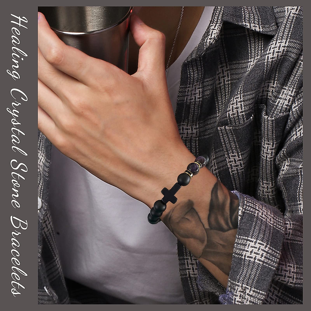 JEWPARK 12Pcs 8MM Cross Beads Semi-Precious Gemstone Bracelet Set Healing Crystal Stone Bracelets for Men Women Round Beaded Stretch Bracelets