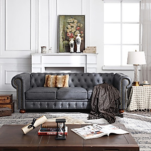Bellemave Chesterfield Sofa Couch Faux Leather 3-Seater Sofa with Nailhead & Rolled Arms Upholstered Tufted Couches with Rubber Wood Legs for Living Room (Dark Grey)