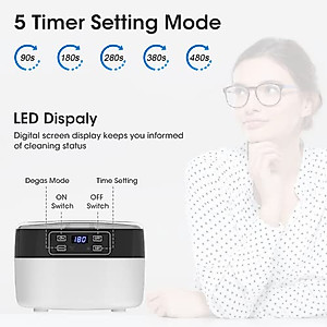 Ultrasonic Cleaner, 45khz Professional Ultrasonic Jewelry Cleaner Machine with 25oz(750ml) Stainless Steel Tank, 5 Time Setting, Degas Modes, for Cleaning Jewelry, Ring, Silver, Glasses, and Watches