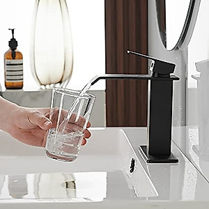 BWE Black Bathroom Faucet Modern Waterfall Matte Black Bathroom Sink Faucet Single Hole with Pop Up Drain Parts Spout Bath Lavatory Vanity Stopper Overflow and Supply Hose Single Handle