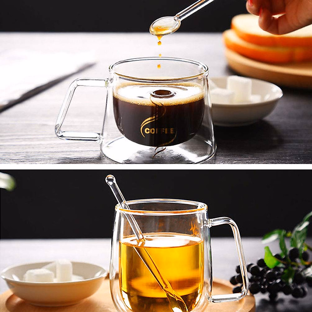 2 Pcs Transparent Glass Spoon Stirring Spoons for Tea Coffee Cocktail Milk Home Party Bar Use