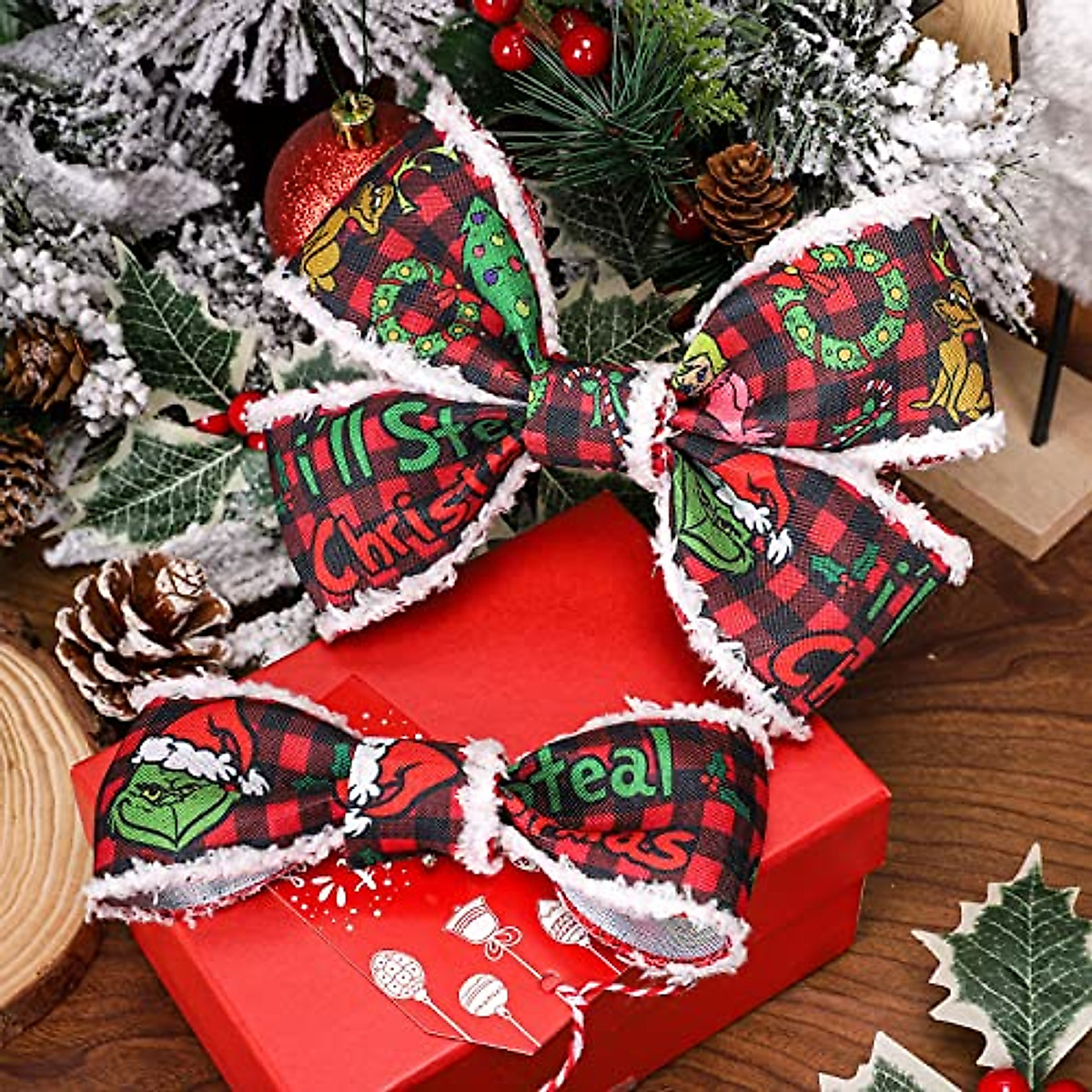 Whaline Christmas Wired Edge Ribbon with White Burr Red Black Buffalo Plaids Cartoon Character Craft Ribbon Xmas Green Red Decorative Ribbon for Gift Wrapping DIY Floral Arrangement Bow, 2.5", 2 Roll