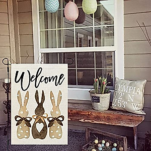 CROWNED BEAUTY Easter Bunnies Garden Flag 12x18 Inch Double Sided for Outside Burlap Small Polka Dots Brown Welcome Holiday Yard Flag CF718-12
