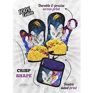 Oven Mitts Co. Galaxy Taco Cat, Oven Mitts and Pot Holder 3pcs Set, Insulated, 100% Cotton