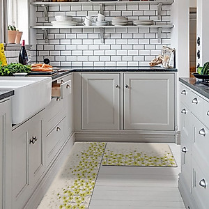 Farm Lines Flower Anti-Fatigue Rugs and Mats Set for Kitchen Floor, 2 Piece PVC Heavy Duty Standing Area Runner Mat Spring Yellow Daisy Floral Retro Burlap Home Decor Carpet