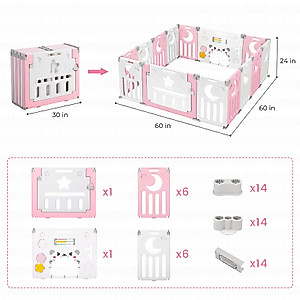 Dripex Baby Playpen, Foldable Playpen for Babies and Toddlers, Adjustable Shape Baby Fence, Safety Play Yard with Gate, Portable Play Area for Indoor or Outdoor (Pink+White,14 Panel)
