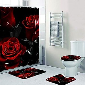 Jlong 4 Pcs Valentines Day Shower Curtain Set with Non-Slip Rugs, Toilet Lid Cover Bath Mat, Romantic Red Rose Shower Curtain with 12 Hooks, Waterproof Polyester Fabric Bathroom Decor Set