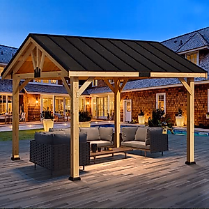 Small Wood pergola,11x12 FT Solid Wood Gazebo with Waterproof Asphalt Roof, Outdoor Permanent Hardtop Gazebo Canopy for Patio, Garden, Backyard