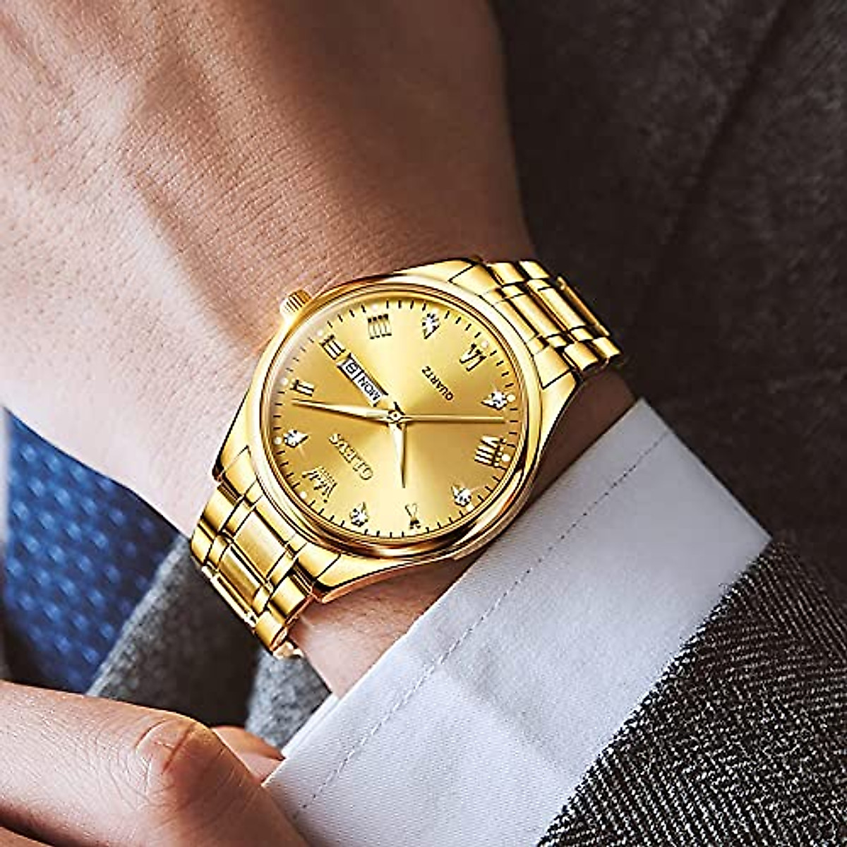 OLEVS Gold Watch for Men, Big Face Stainless Steel Watch, Easy to Read Analog Quartz Watch with Day Date, Waterproof Luminous Men's Dress Wrist Watch