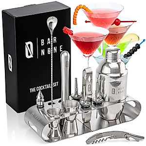 BAR NONE The Cocktail Set | 12-Piece + Stand Bar Set | Exquisite Quality Bartender Kit + Tools | Martini Shaker, Jigger, Shots, Muddler, Spoon, Ice Tongs, Corkscrew Knife Bottle Opener & Liquor Pourer