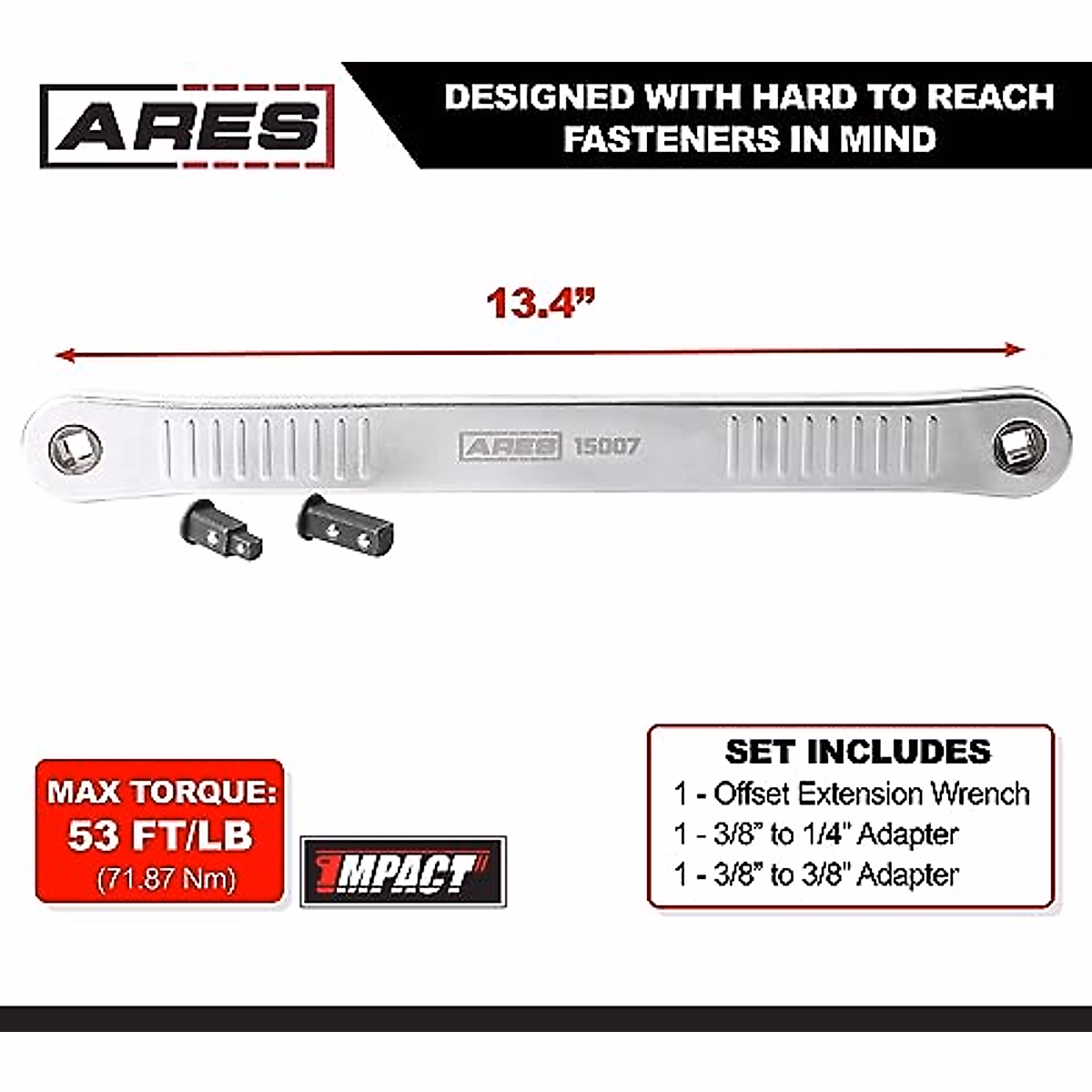 ARES 15007 - Offset Extension Wrench - Includes 1/4-Inch & 3/8-Inch Square Drive Adapters - 0 Degree Swing Arc for Access to Confined Fasteners - For Use with Impact & Pneumatic Wrenches