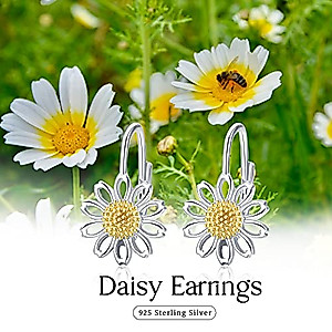 Daisy Leverback Earrings 925 Sterling Silver Flower Earrings Daisy Flower Hoop Earrings Daisy Flower Jewelry for Women