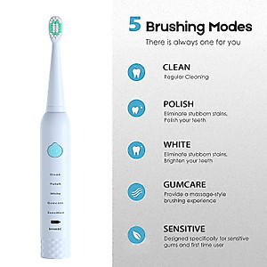 DHMXDC Sonic Electric Toothbrush for Kids and Adults, 5 Modes with 2 Min Build in Timer, Ultrasonic Toothbrush with 4 Brush Heads Charging Power Toothbrush