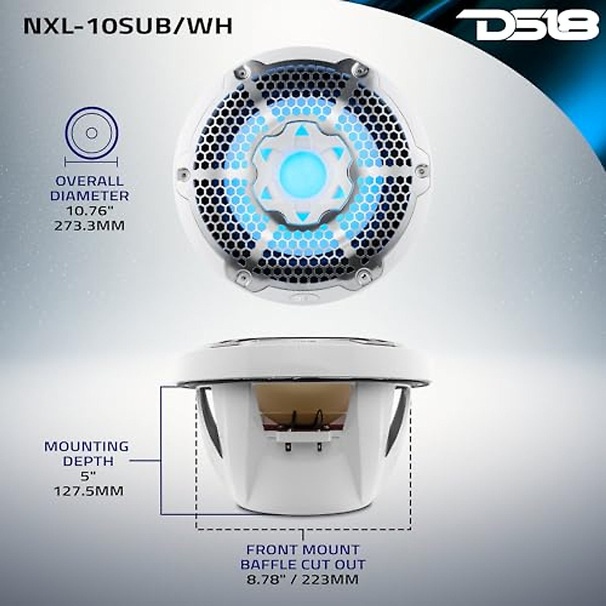 NXL 10" Marine Subwoofer with LED RGB Lights 300 Watts Rms SVC 4-Ohm -White