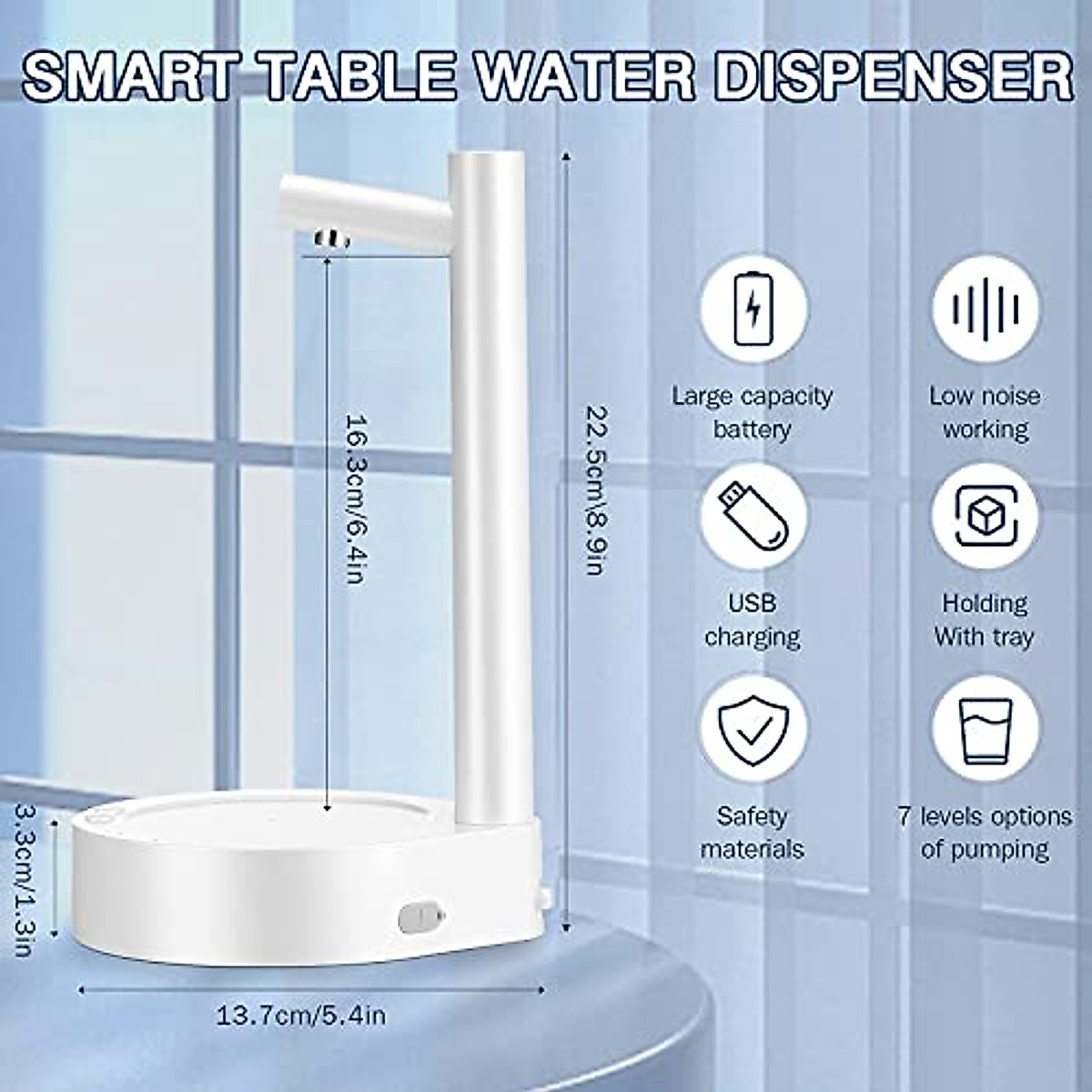 POGAIN Water Dispenser for Desktop, 7 Quantitative Levels Water Pump Mini Tablet Countertop for 1 2 3 4 5-Gallon Bottle (White)
