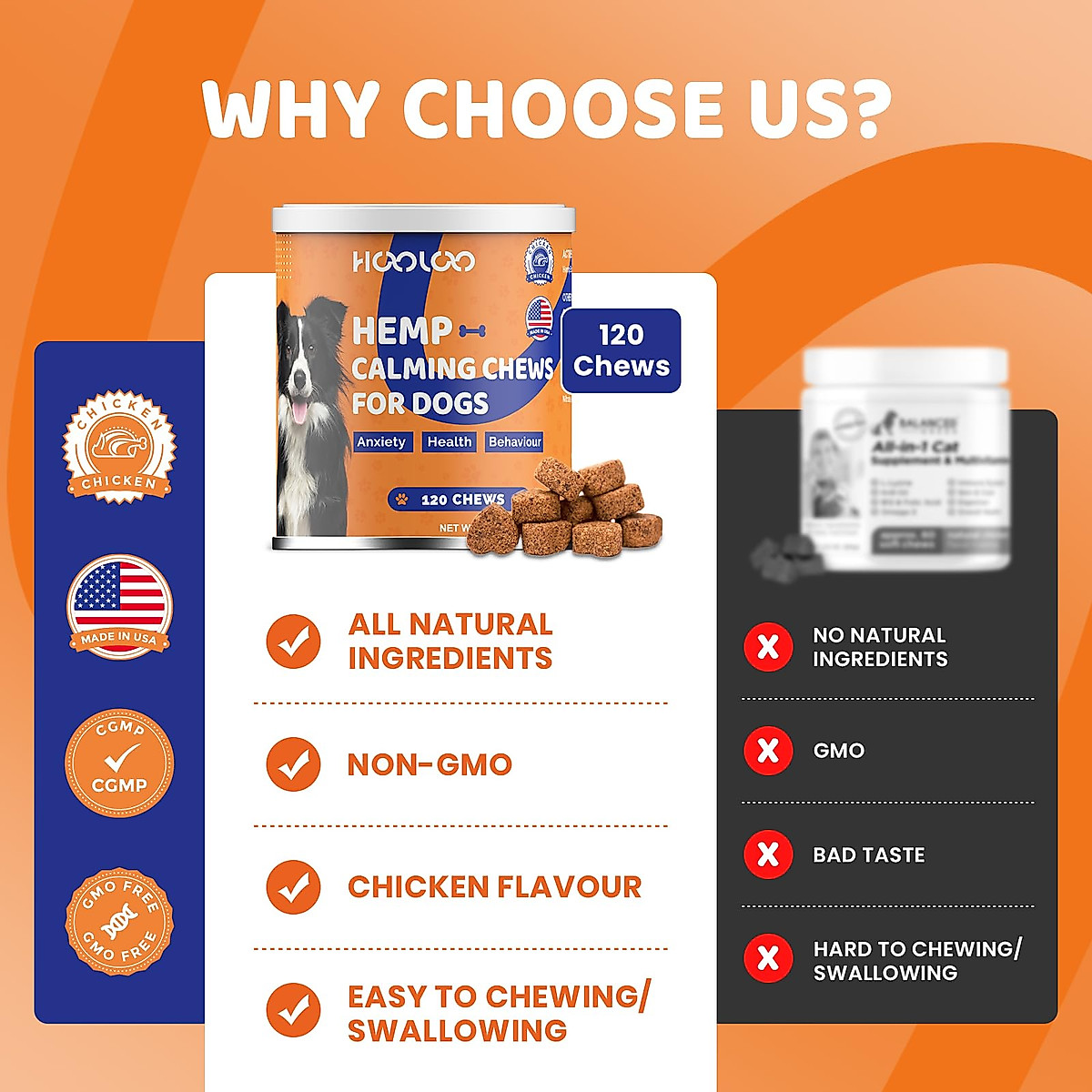 HOOLOO Calming Chews for Dog Anxiety Relief-Natural Puppy Calming Treats Help Manage Stress and Promote Relaxation,Made in USA-120 Chews