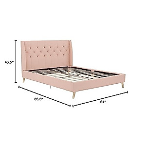 Novogratz Her Majesty Upholstered Linen Bed, Tufted Wingback Design and Wooden Legs, Queen Size - Pink Linen