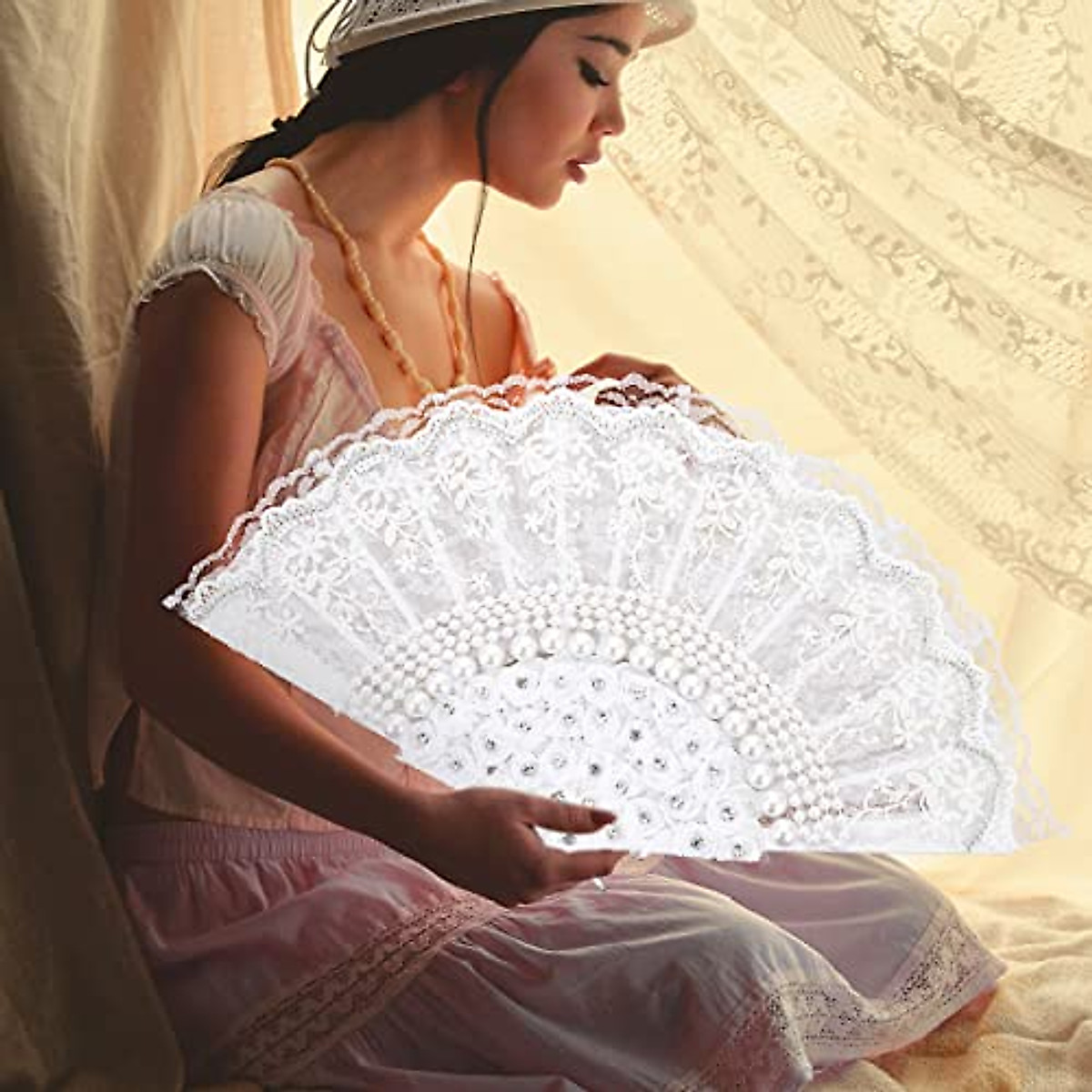 DECHOUS Lace Folding Fan Retro Folding Fan Folding Silk Fan Folding Fan Handheld Oriental Folding Fan Chinese Dance Fan Japan Foldable Fan Lunar New Year Hand Fan Large China Bride White