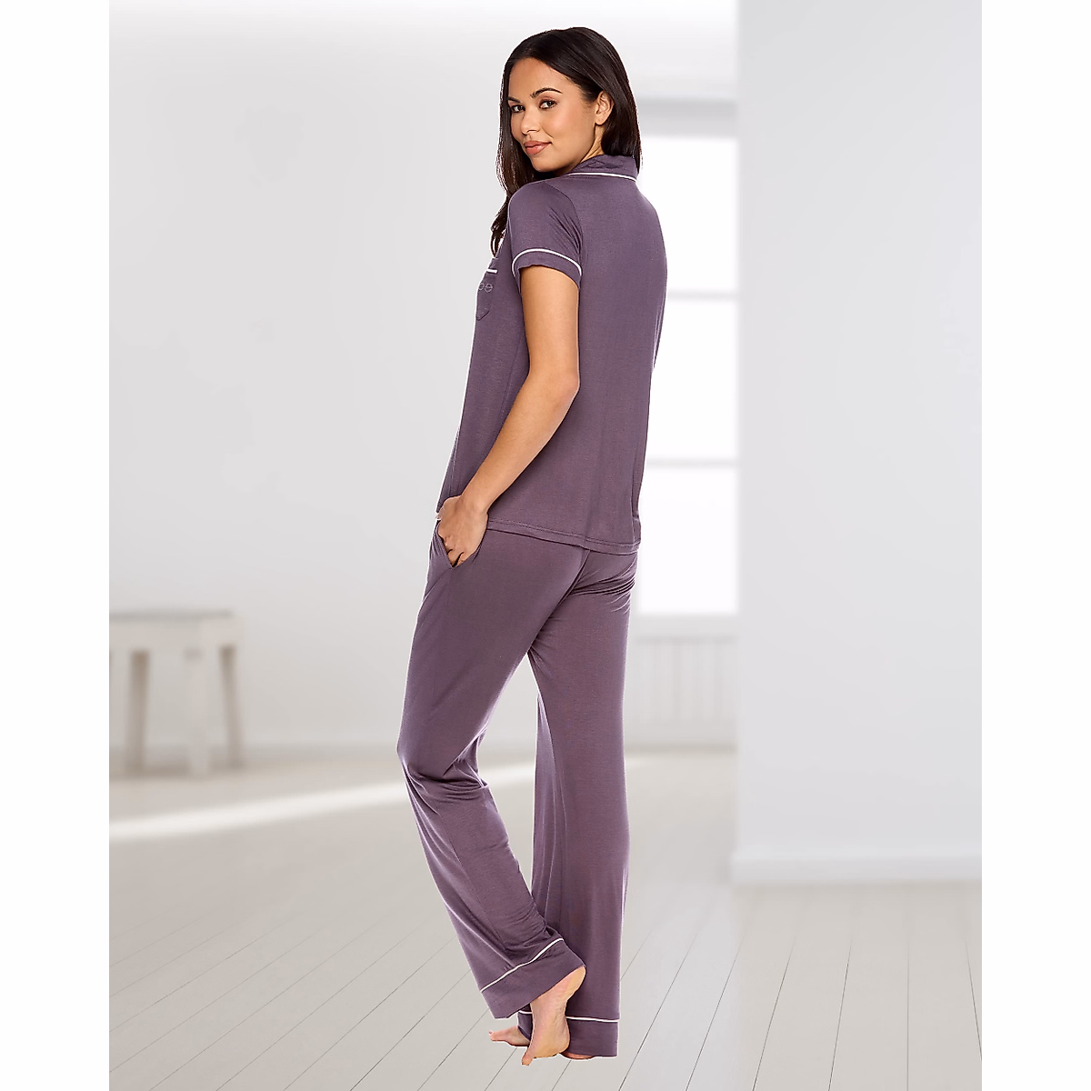 bebe Womens Pajama Sets - Notch Collar Pajama Top and Pajama Pants PJ Set - Ladies Pajamas (Midnight Lavender, Large)