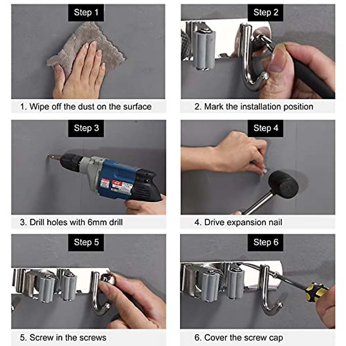 GDTOOLMMY Broom Holder Wall Mount, Stainless Steel Mop Holder Self Adhesive Durable Heavy Duty Broom Hanger Storage Rack for Home, Kitchen, Garden and Garage 5 Rack 4 Hooks(2pack)