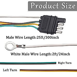 Ruibapa 25 Foot 4 Wire 4-Flat Trailer Light Wiring Harness Extension Kit with 18 Gauge White Ground Wire for Trailers P-O-016