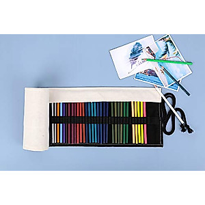 Canvas Roll up Pencil Pen Holder Case, 48 Slots Large Capacity Artist Paint Brushes Organize Pouch (Beige)