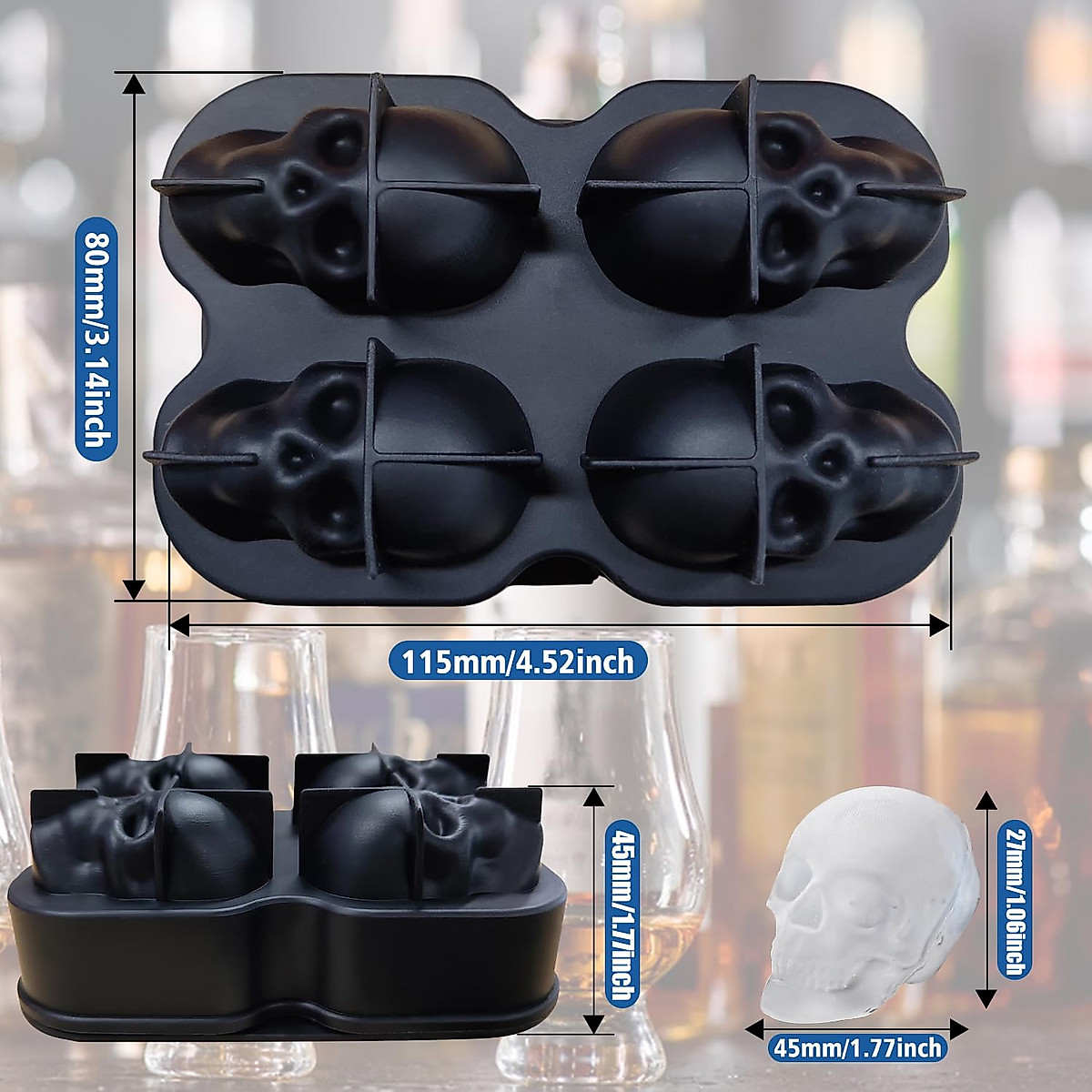 ice Cube Trays Silicone (Set of 4) Whiskey Ice Ball Mold, Large Ice Ball Maker Mold, grimace Ice Cube Mold, Halloween Ice Cube Mold, Tray for Cocktails & Bourbon Easy Release BPA Free (Black)