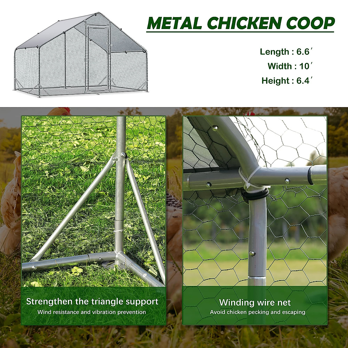 Betterhood Large Metal Chicken Coop Upgrade Tri-Supporting Wire Mesh Chicken Run,Chicken Pen with Water-Resident and Anti-UV Cover,Duck Rabbit House Outdoor(10’ W x 6.6’ L x 6.5’ H)