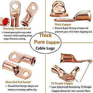 SVAAR 1/0 AWG-3/8" Battery Cable Lugs 10pcs 0 Gauge Copper Wire lugs, Heavy Duty Battery Cable Ends,0 AWG Lugs UL Listed Closed End Eyelets Tubular Ring Terminal Connectors with 3:1 Heat Shrink Tube