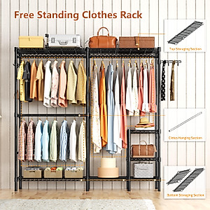 Heavy Duty Clothes Rack Clothing Rack for Hanging Clothes,Large Metal Garment Rack with 4 Tiers Adjustable Wire Shelves&3 Hanger Rods&2 Hooks,Freestanding Closet Wardrobe System,MaxLoad 800lbs