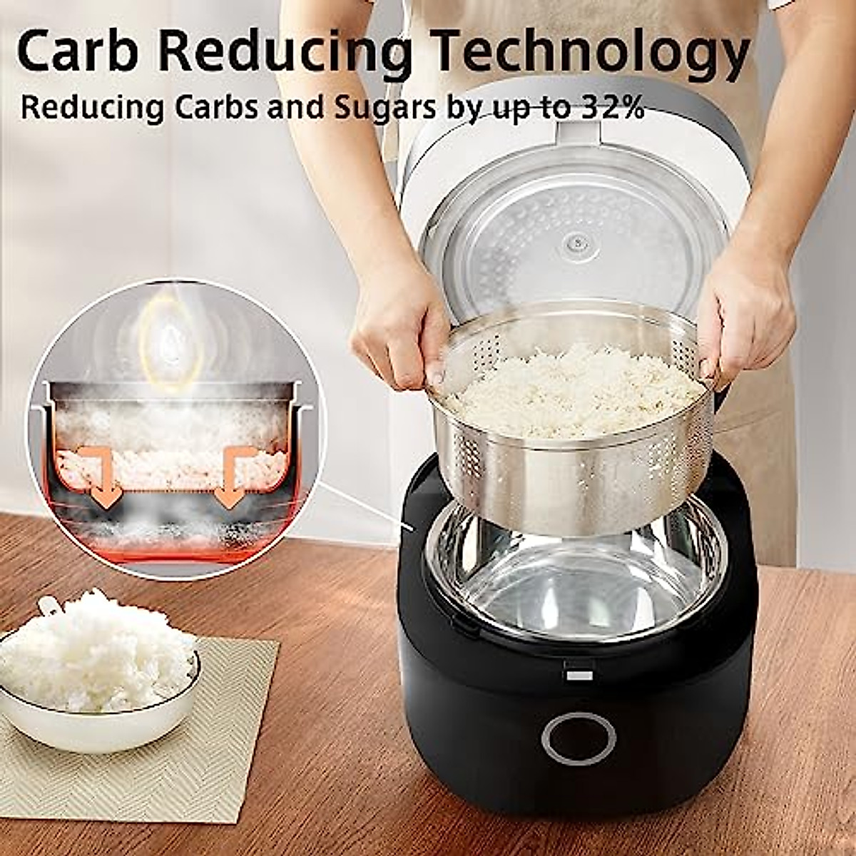 Rice Cooker Large 8 Cup, Stainless Steel Inner Pot Steamer, YOKEKON Low Carb Rice Maker, 24H Delay Timer and Auto Keep Warm Feature, Sushi/Grain/Cake/Porridge,Black