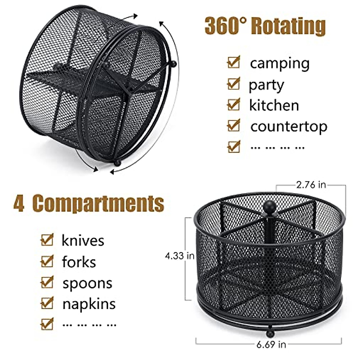 DysanVica 360° Rotating Metal Utensil Caddy - 4 Compartment Silverware Cutlery Holder Rotation Fork Spoon Napkin Organizer Flatware Storage Basket Party Countertop Buffet Picnic Camping Outdoor Black