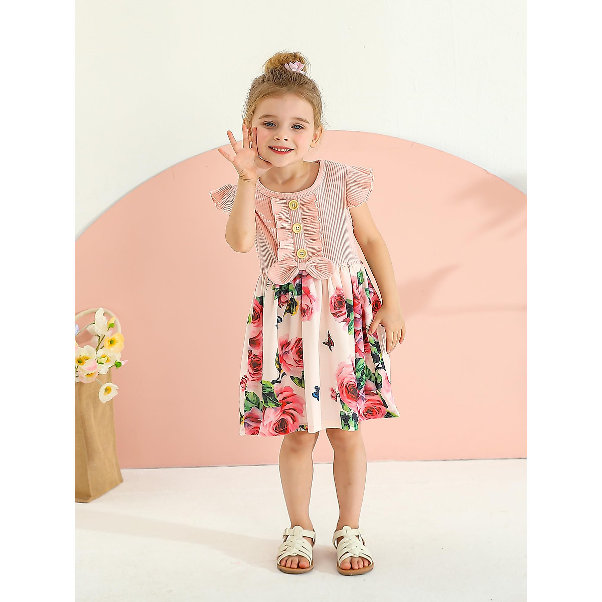 Toddler Infant Baby Girl Dress Floral Ruffle Sleeve Dresses Girls Sundress (4-5T) Pink