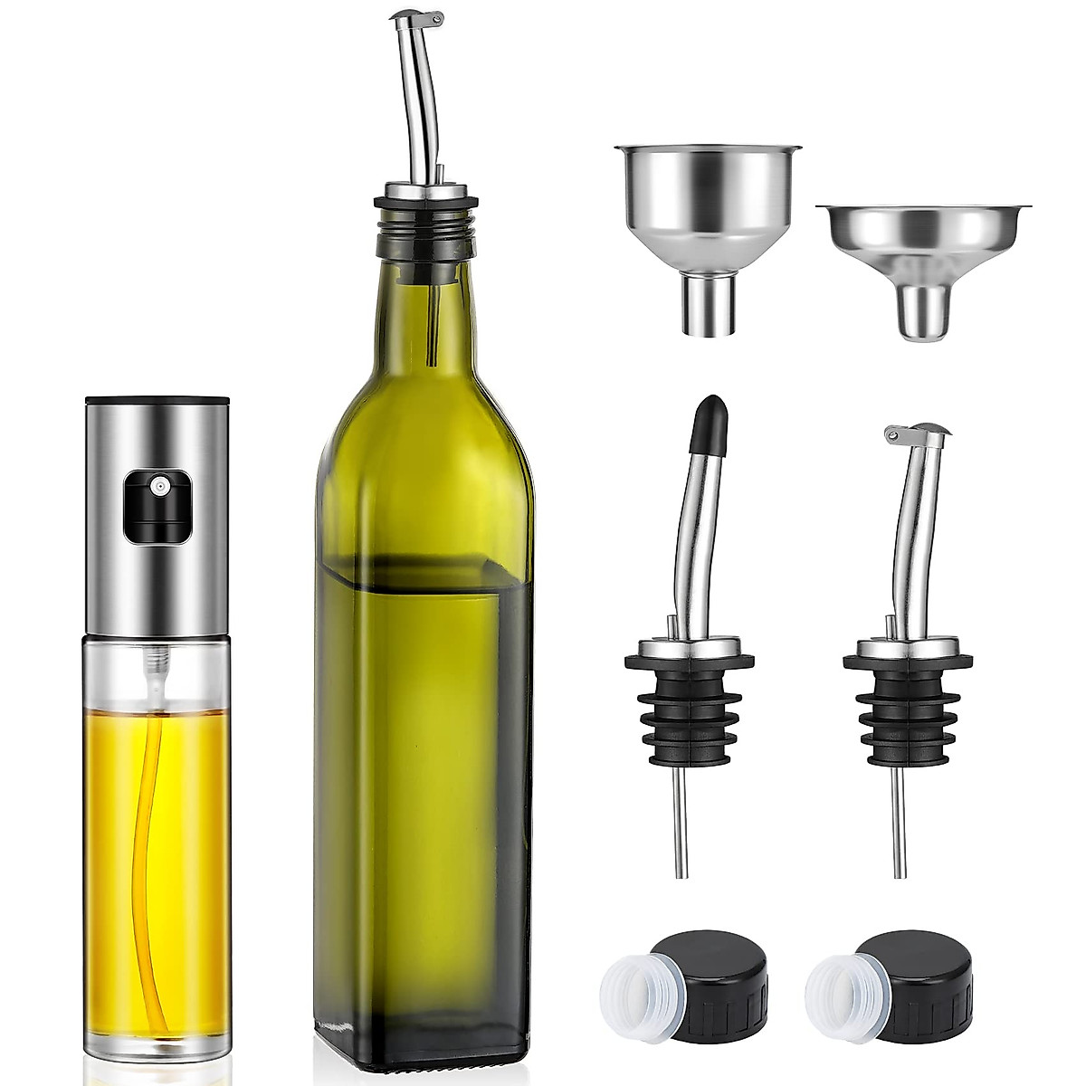 NETANY Olive Oil Dispenser 17 OZ and Oil Sprayer Bottle 100 ML for Cooking Set - Green Oil and Vinegar Cruet Bottle Set for Kitchen - Glass container with Drip-Free Stainless Steel Spout