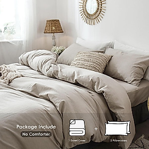 MooMee Bedding Duvet Cover Set 100% Washed Cotton Linen Like Textured Breathable Durable Soft Comfy (Tannish Linen Grey, King)