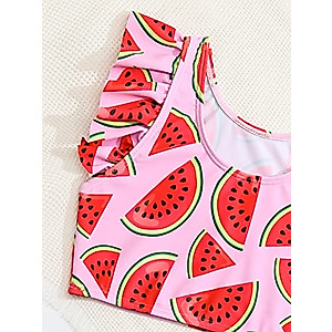 WDIRARA Toddler Girl's 2 Piece Set Watermelon Print Ruffle Trim Swimwear High Neck Bikini Swimsuit Pink and Green 5Y