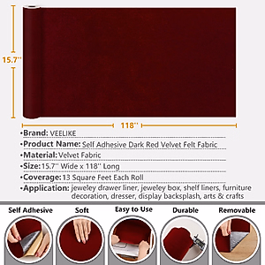 VEELIKE Dark Red Velvet Fabric Wallpaper Self Adhesive Soft Felt Drawer Liners 15.7''x118'' Red Flocking Contact Paper Peel and Stick Velvet Lining for Jewelry Box Cabinets Shelves Walls Arts & Crafts