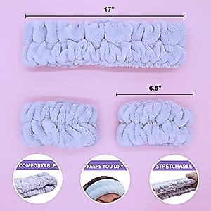 FROG SAC Spa Headband for Washing Face and Matching Wristbands, Teen Girls Fuzzy Skincare Headbands, Kids Soft Facial Makeup Head Band, Shower Skin Care Girl Hair Sleepover Party Supplies (Gray)