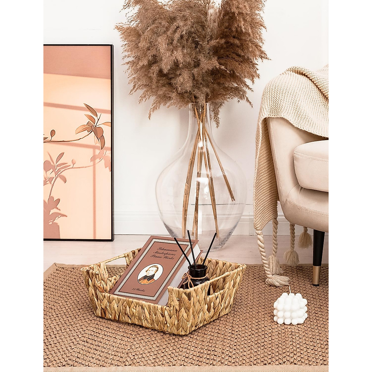 StorageWorks Water Hyacinth Open-Front Storage Basket, Wicker Storage Baskets for Shelves, Hand-Woven Bin with Handles, Kitchen Pantry Wicker Basket, 2 Pack