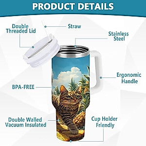 Slewiaeky Tumbler with Handle 40 oz Adorable Skinny Cat Travel Mug with Lid and Straw Pineapple Stainless Steel Vacuum Insulated Water Bottle Cup for Iced Tea Coffee Cold Beverages Cup Holder Friendl