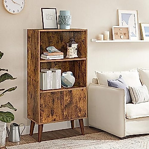 Wonder Comfort Wood 3-Tier Bookshelf with 1 Door and 2 Open Shelves, Mid-Century Rustic Brown Bookcase for Books and Decorations in Living Room Office Bedroom,24 W x 12 D x 47 H Inch