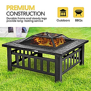 VIVOHOME 32 Inch Heavy Duty 3 in 1 Metal Square Patio Firepit Table BBQ Garden Stove with Spark Screen Cover Log Grate and Poker for Outside Wood Burning and Drink Cooling