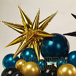 Chrome dark Teal and gold black Balloon Garland Kit 170Pcs Double-Stuffed Navy Teal Blue With Starburst Balloons for Birthday anniversary Baby Shower 2024 graduation prom Luxury shop decorations