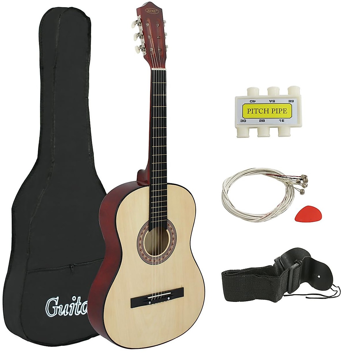 ZENY 38" New Beginners Acoustic Guitar With Guitar Case, Strap, Tuner and Pick (Natural)