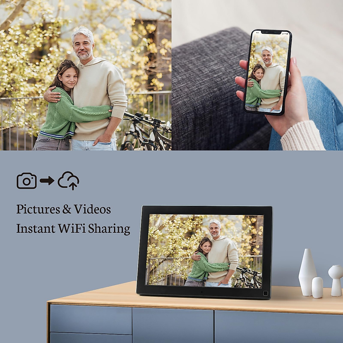 BSIMB Smart WiFi Digital Picture Frame 16GB with Wood Effect, 10.1 Inch HD IPS Display, Instantly Share Photos/Videos via App Email, Easy-to-Use Touch Screen, Auto Rotate in Landscape or Portrait