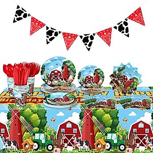 Hushee 171 Pcs Farm Animals Theme Party Supplies Cowboy Farm Barn Party Tablecloth 24 Guests Dinner Plates Dessert Plates Cups Napkins Banner for Baby Shower Western Cowgirl Farm Party Decoration