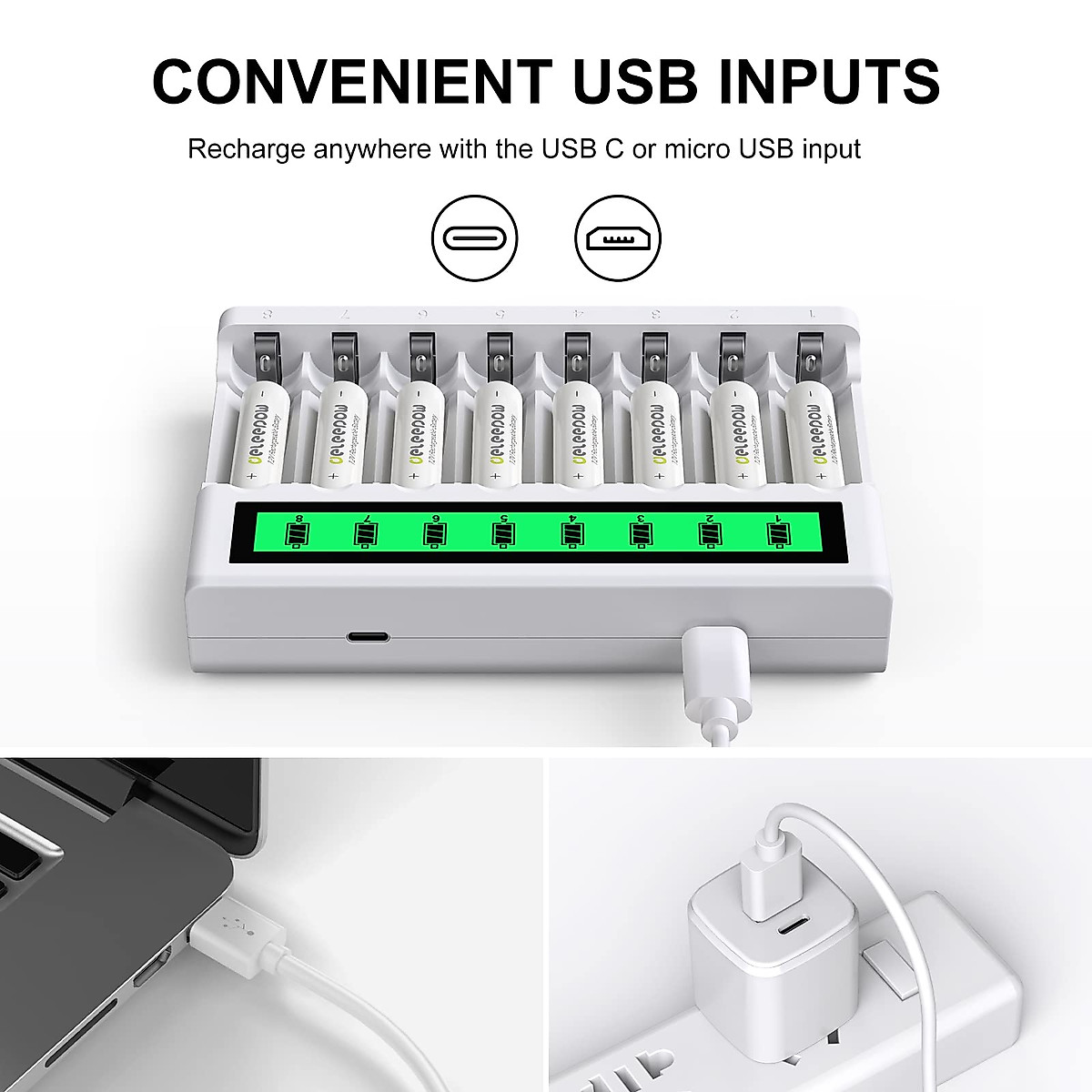 Deleepow Rechargeable AAA Batteries 1.2V Nimh 1100mAh Triple A Batteries of 8 Packs 1200 Cycles with 8-Bay LCD Charger