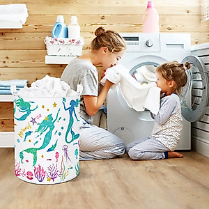 Clastyle 45L Blue Mermaid Nursery Hamper for Girls Collapsible Sea Coral Clothes Toy Baby Basket with Lid for Bathroom