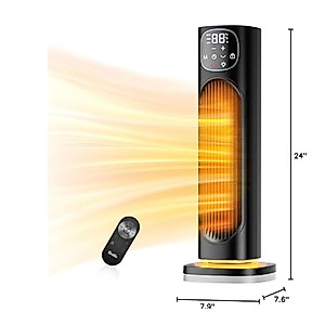 Grelife Space Heater, Quiet Electric Heater with Night Light, Remote, 75° Oscillation, Safety Protection, ECO Mode, 12H Timer, Thermostat, 1500W Portable Heater for Indoor Use, Office, Home, 24Inch